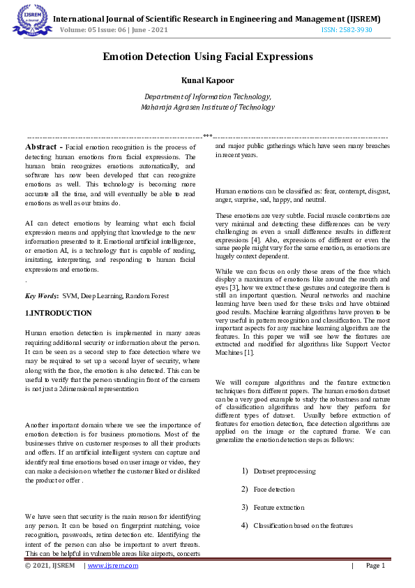 (PDF) Emotion Detection using Facial Expressions
