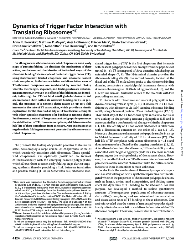 (PDF) Dynamics of Trigger Factor Interaction with Translating Ribosomes
