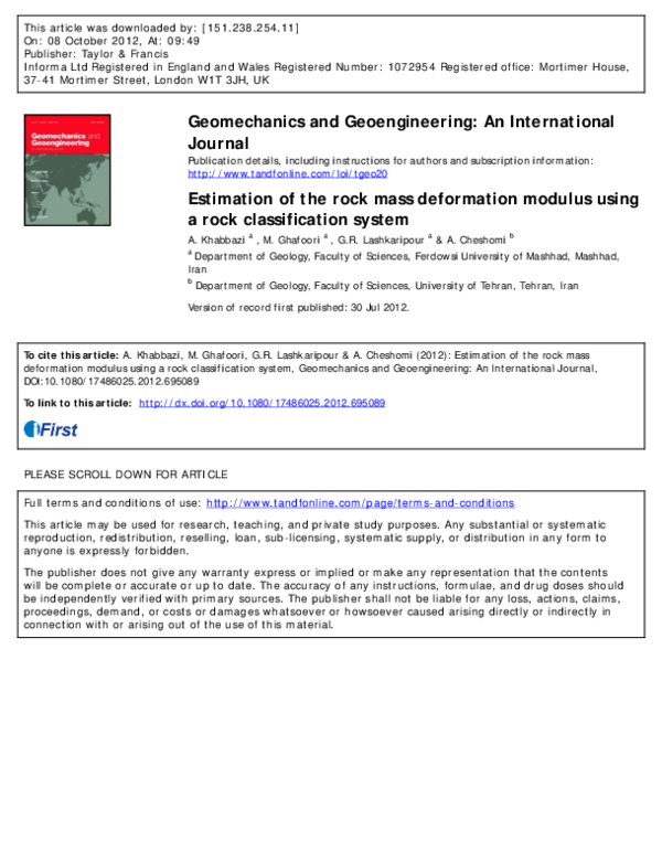 Pdf Estimation Of The Rock Mass Deformation Modulus Using A Rock Classification System