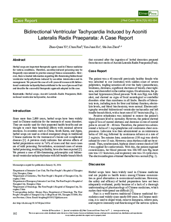 (PDF) Bidirectional Ventricular Tachycardia Induced by Aconiti Lateralis Radix Praeparata: A ...