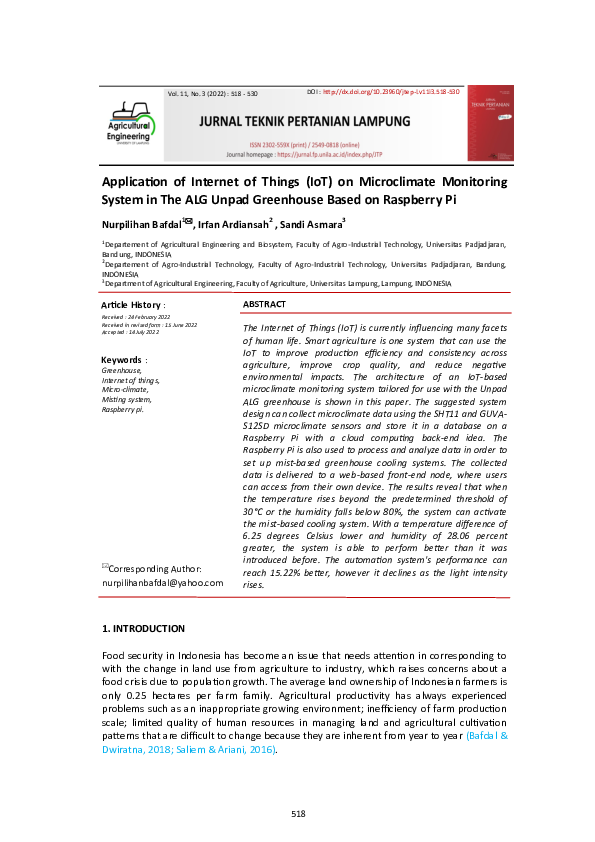 (PDF) Application of Internet of Things (IoT) on Microclimate Monitoring System in The ALG Unpad ...