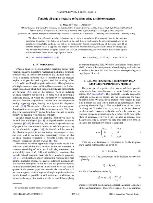 (PDF) Tunable all-angle negative refraction using antiferromagnets | Thomas Dumelow - Academia.edu