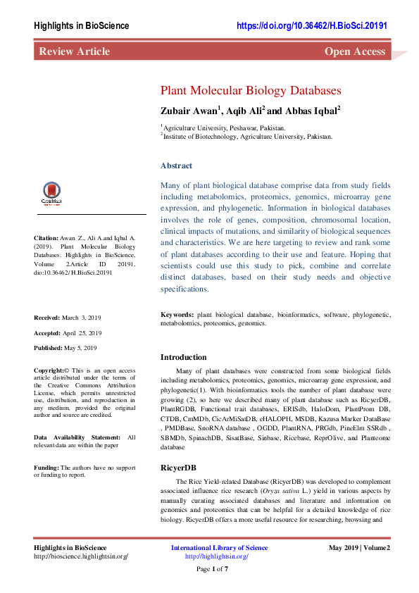 (PDF) Plant Molecular Biology Databases | Aqib Ali - Academia.edu