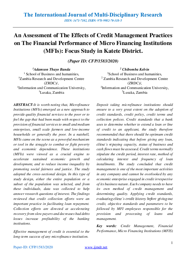 (PDF) An Assessment of The Effects of Credit Management Practices on The Financial Performance ...