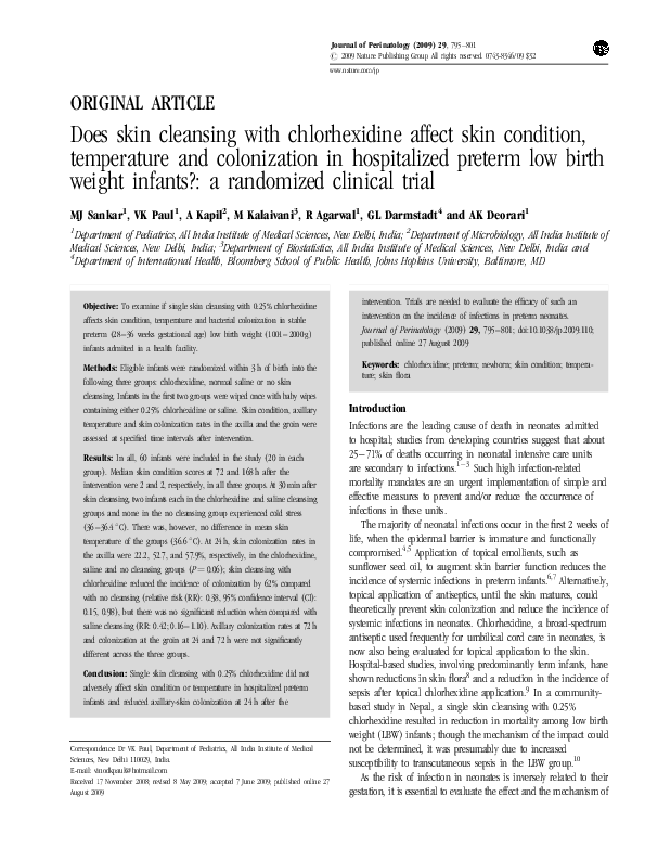 (PDF) Chlorhexidine Cleansing in Preterm Infants: Effects on Skin and ...