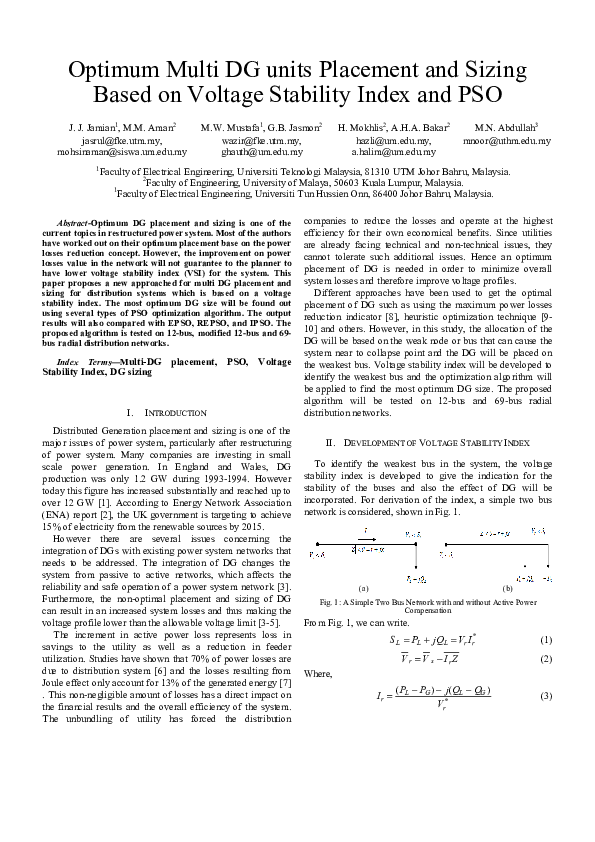 (PDF) Optimum multi DG units placement and sizing based on voltage stability index and PSO