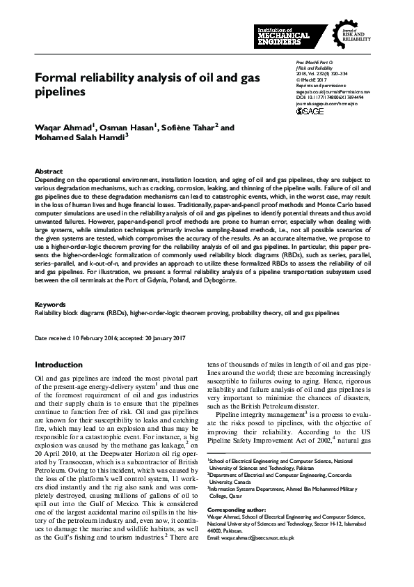 (PDF) Formal reliability analysis of oil and gas pipelines
