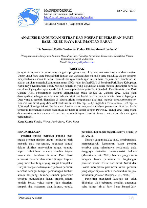 (PDF) Analisis Kandungan Nitrat Dan Fosfat Di Perairan Parit Baru, Kubu ...