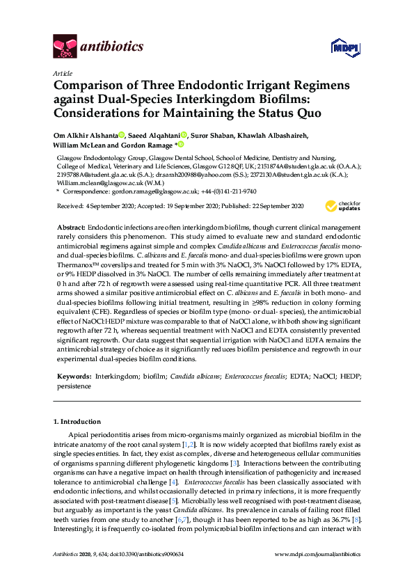 (PDF) Comparison of Three Endodontic Irrigant Regimens against Dual ...