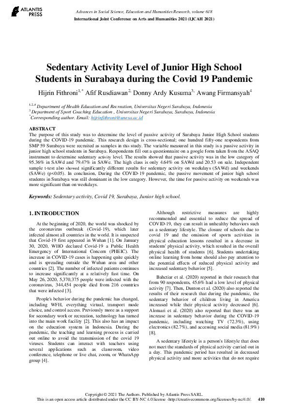 (PDF) Sedentary Behavior of Junior High Students in Surabaya