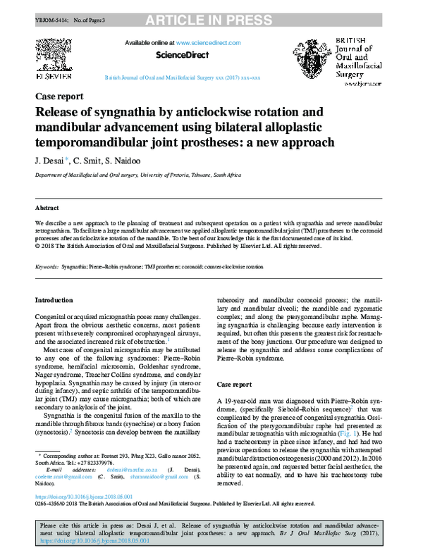 (PDF) Release of syngnathia by anticlockwise rotation and mandibular ...