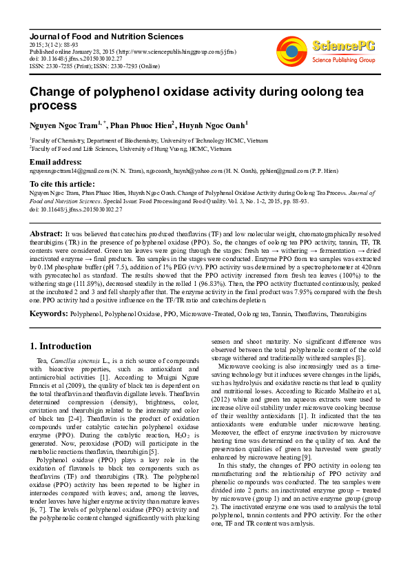 (PDF) Change of Polyphenol Oxidase Activity during Oolong Tea Process | Nguyen Thi Kieu Tram ...