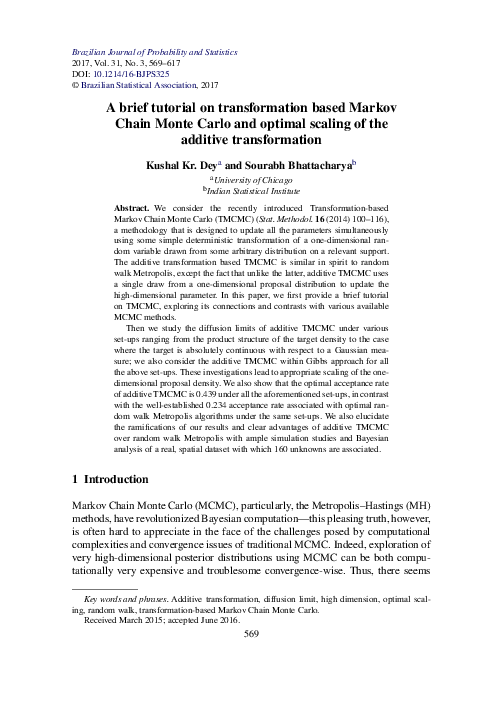 Pdf A Brief Tutorial On Transformation Based Markov Chain Monte Carlo And Optimal Scaling Of