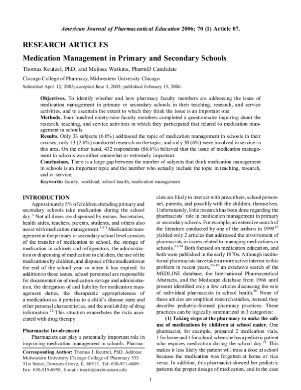 (PDF) Medication Management in Primary and Secondary Schools