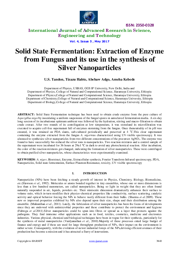 (PDF) Solid State Fermentation: Extraction of Enzyme from Fungus and its use in the synthesis of ...