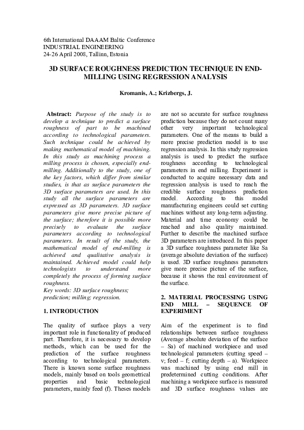 Pdf 3d Surface Roughness Prediction Technique In End Milling Using