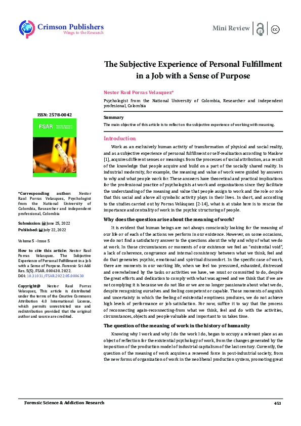 (PDF) The Subjective Experience of Personal Fulfillment in a Job with a ...