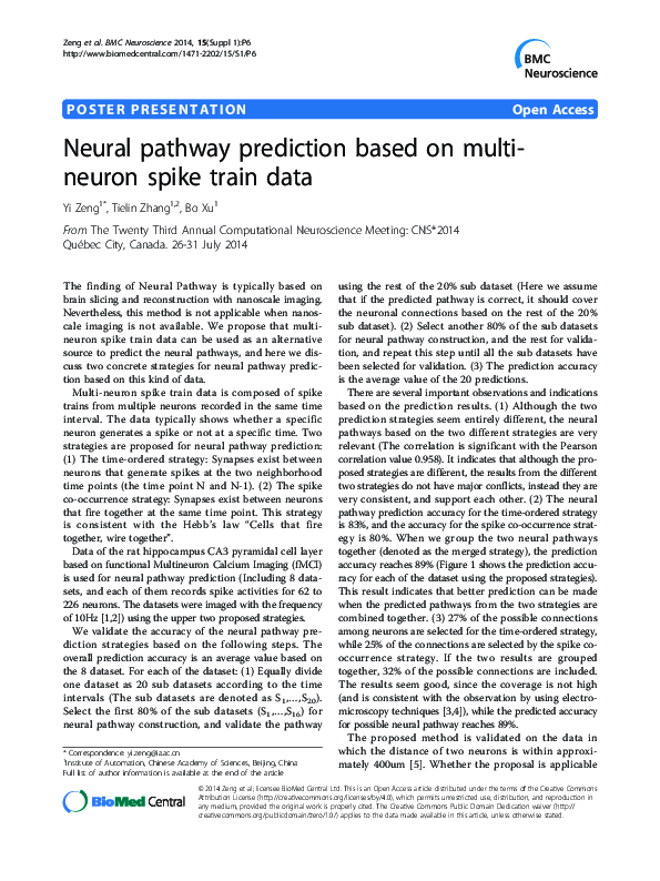 (PDF) Neural pathway prediction based on multi-neuron spike train data