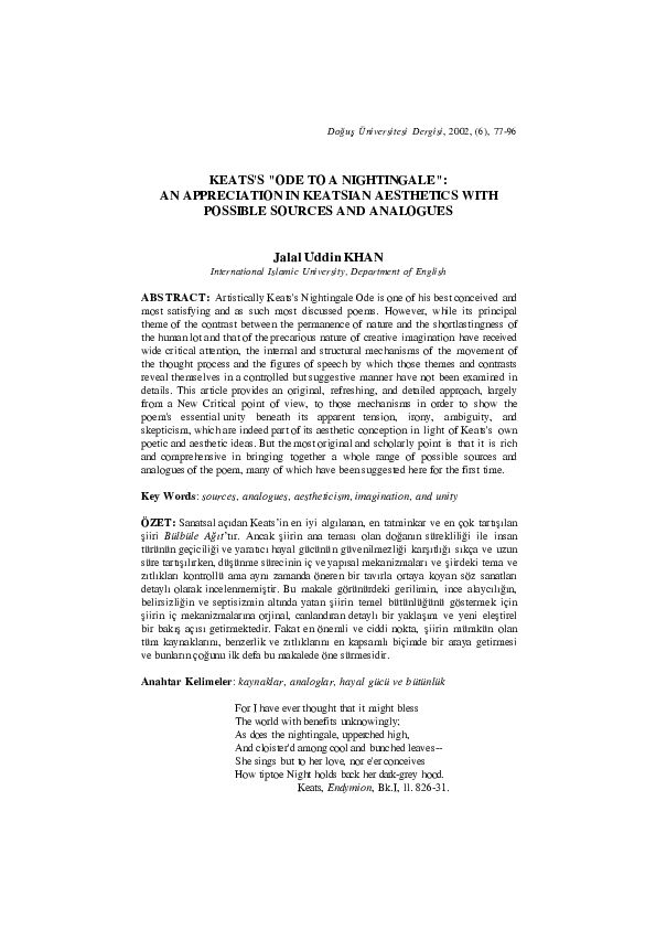 (PDF) Keats s Ode to a Nightingale : an Appreciation in Keatsian ...