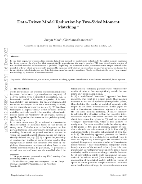 Pdf Data Driven Model Reduction By Two Sided Moment Matching