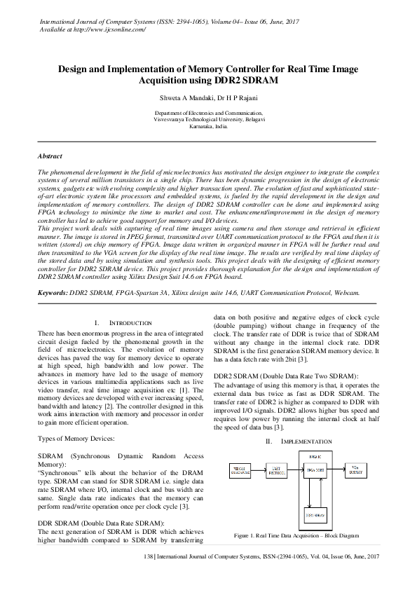 Pdf Design And Implementation Of Memory Controller For Real Time Image Acquisition Using Ddr2