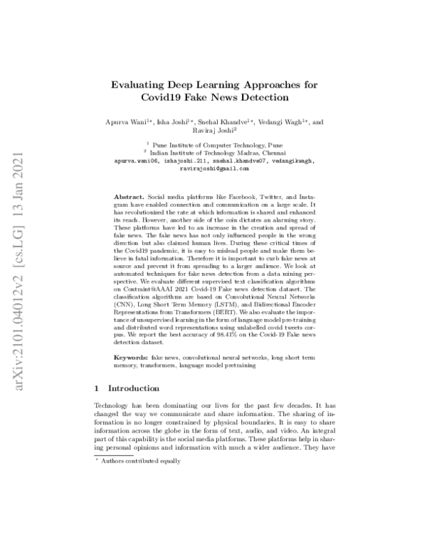 (PDF) Evaluating Deep Learning Approaches for Covid19 Fake News Detection