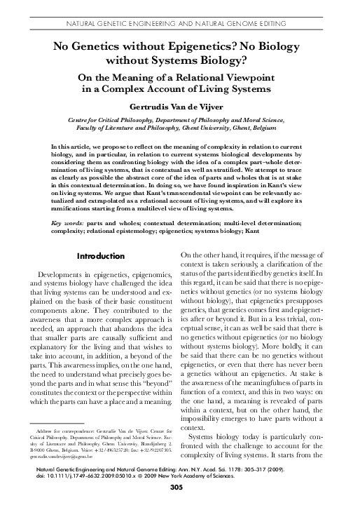 (PDF) No Genetics without Epigenetics? No Biology without Systems Biology?