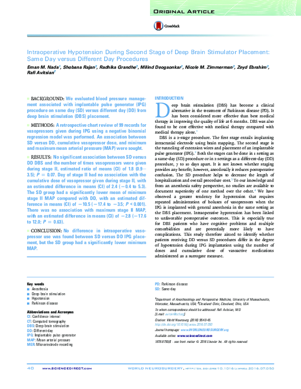 (PDF) Intraoperative Hypotension during Second Stage of Deep Brain ...