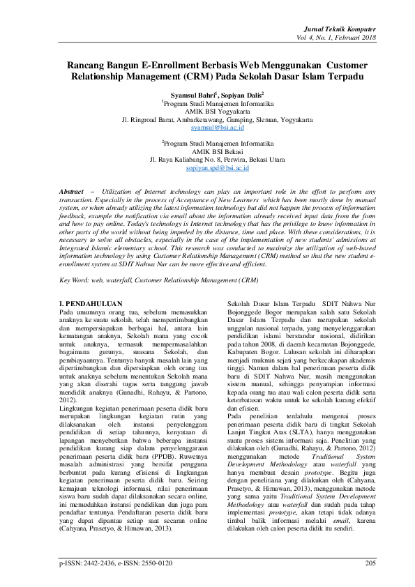 (PDF) Rancang Bangun E-Enrollment Berbasis Web Menggunakan Customer Relationship Management (CRM ...