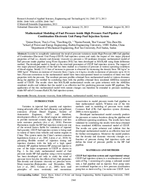 Pdf Mathematical Modeling Of Fuel Pressure Inside High Pressure Fuel