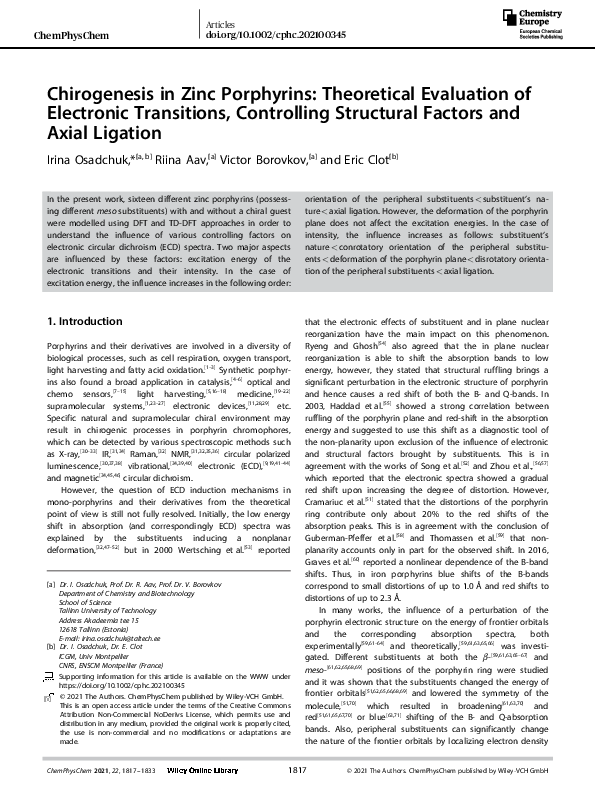 (PDF) Chirogenesis in Zinc Porphyrins: Theoretical Evaluation of Electronic Transitions ...