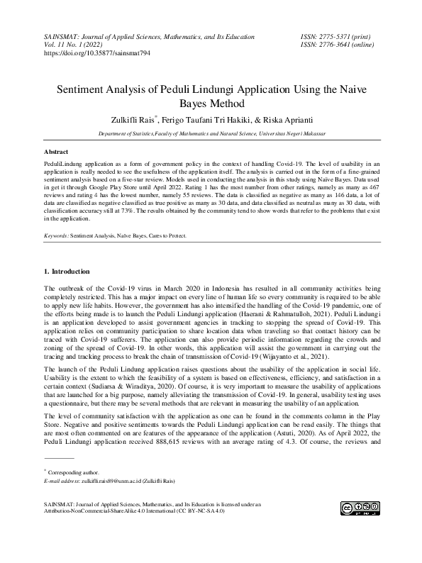(PDF) Sentiment Analysis of Peduli Lindungi Application Using the Naive Bayes Method
