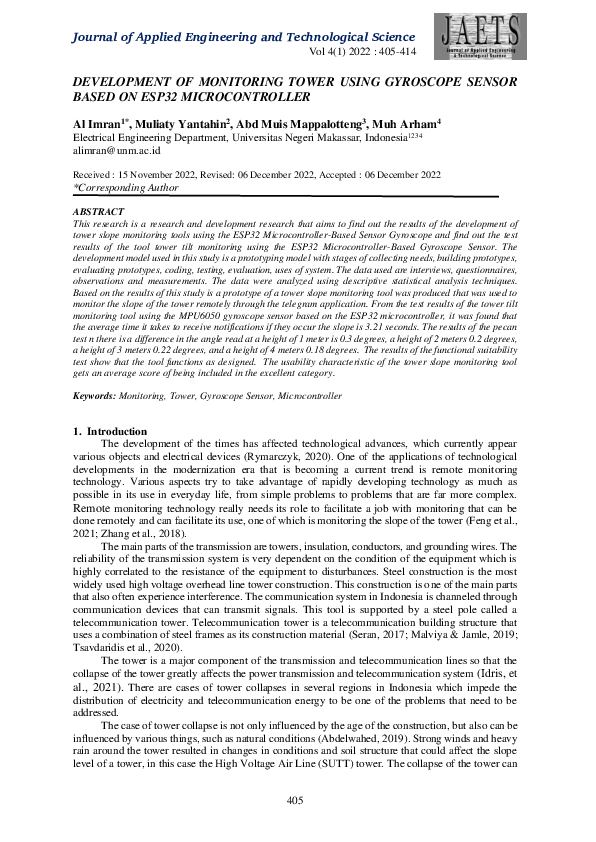 (PDF) Development of Monitoring Tower Using Gyroscope Sensor Based on Esp32 Microcontroller