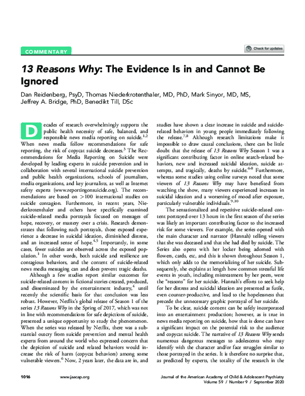 (PDF) 13 Reasons Why: The Evidence Is in and Cannot Be Ignored