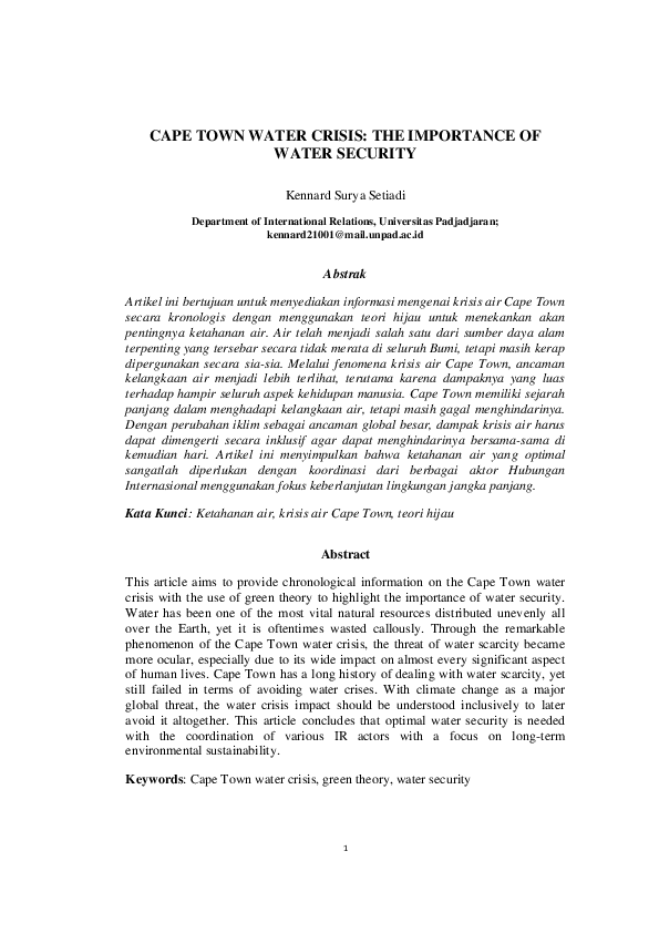 (PDF) Cape Town Water Crisis: The Importance of Water Security