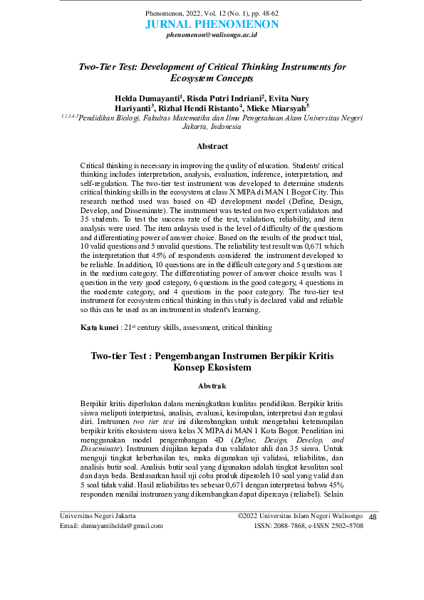 (PDF) Two-Tier Test : Pengembangan Instrumen Berpikir Kritis Konsep ...