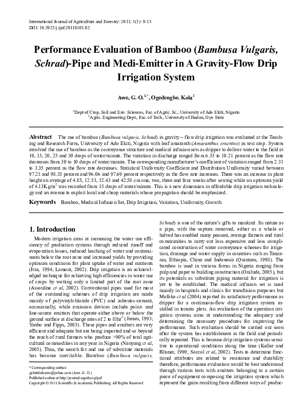 (PDF) Performance Evaluation of Bamboo (Bambusa Vulgaris, Schrad)-Pipe and Medi-Emitter in A ...