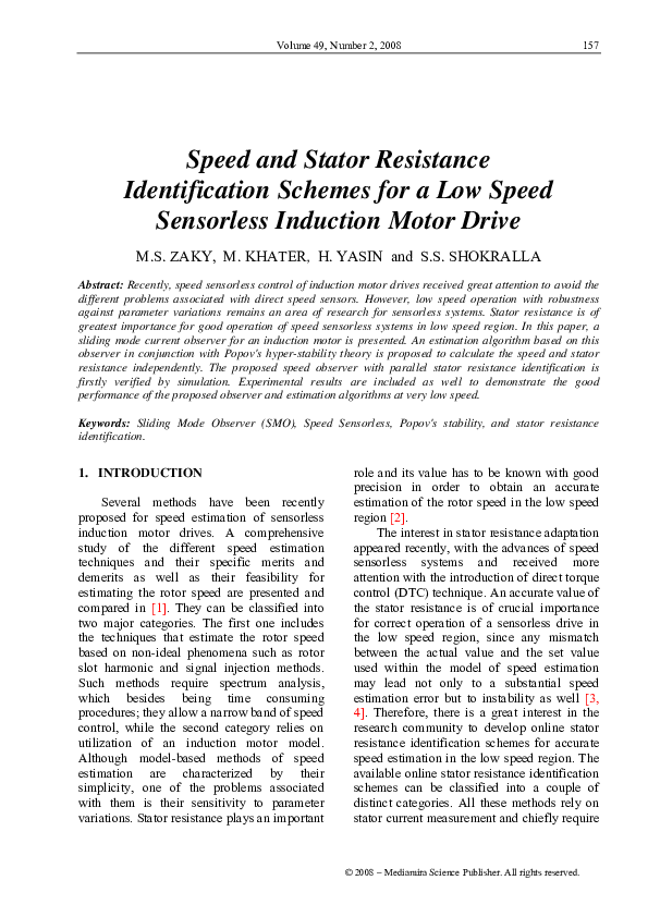 Pdf Speed And Stator Resistance Identification Schemes For A Low