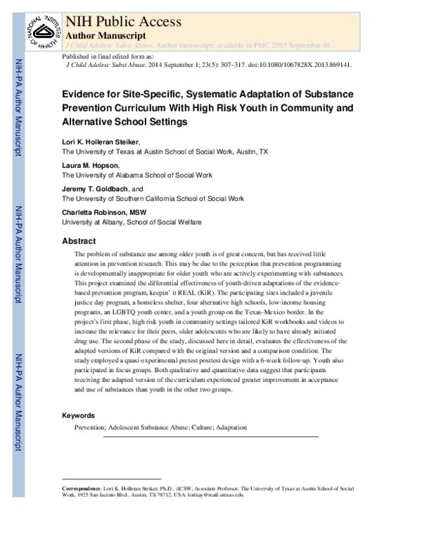 (PDF) Evidence for Site-Specific, Systematic Adaptation of Substance Prevention Curriculum With ...