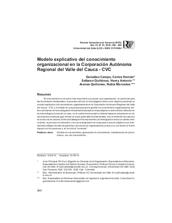 (PDF) Modelo explicativo del conocimiento organizacional en la Corporación Autónoma Regional del ...