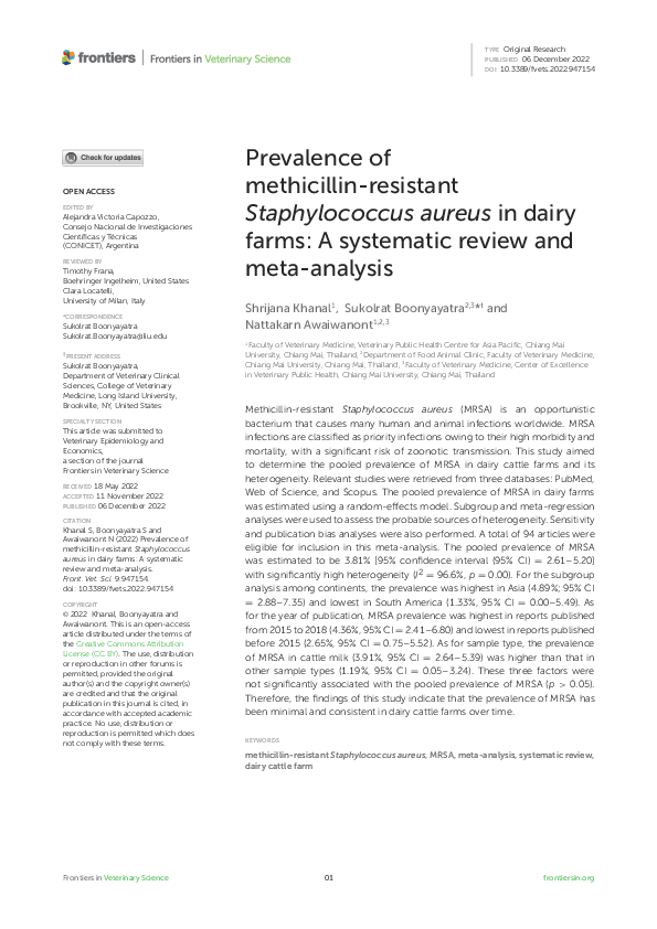 (PDF) Prevalence of methicillin-resistant Staphylococcus aureus in dairy farms: A systematic ...