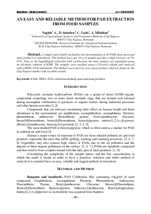 (PDF) An Easy and Reliable Method for Pah Extraction from Food Samples