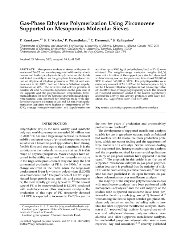 Pdf Gas Phase Ethylene Polymerization Using Zirconocene Supported On Mesoporous Molecular Sieves