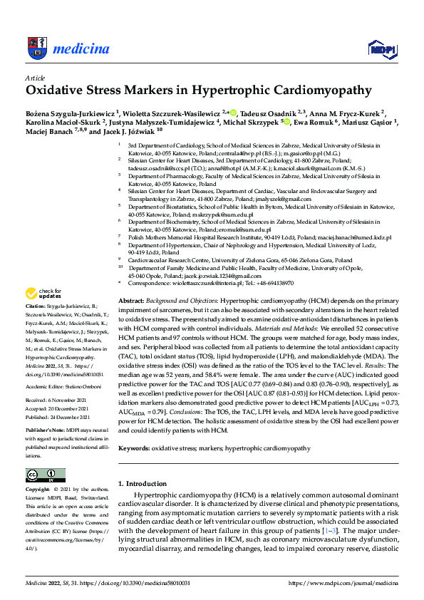 (PDF) Oxidative Stress Markers in Hypertrophic Cardiomyopathy