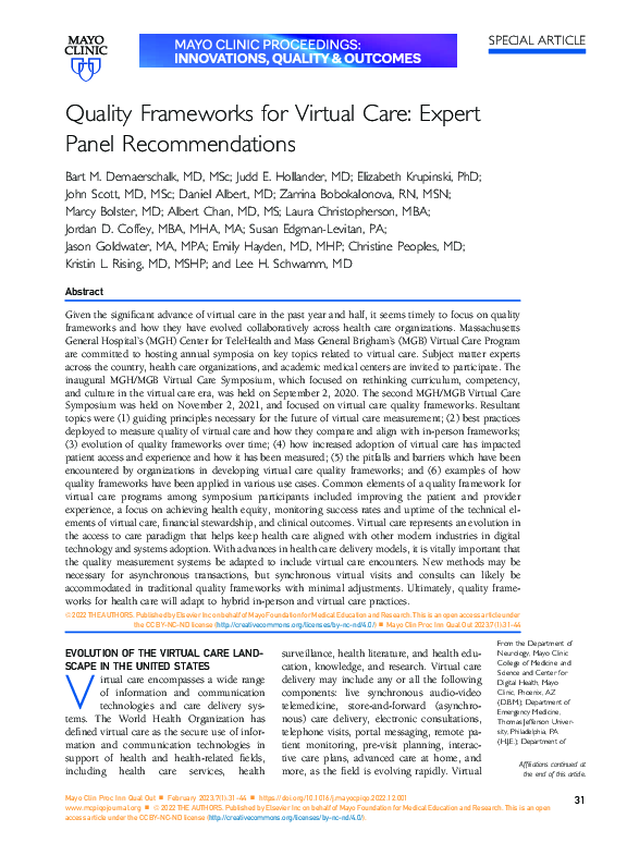 (PDF) Quality Frameworks for Virtual Care: Expert Panel Recommendations