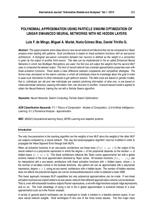 Pdf Polynomial Approximation Using Particle Swarm Optimization Of Lineal Enhanced Neural