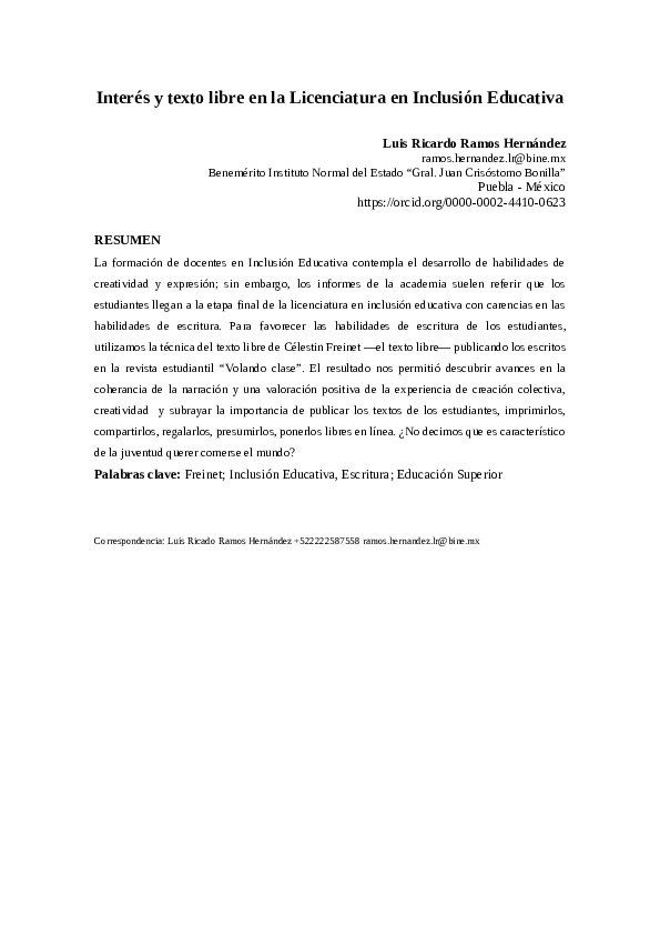 (PDF) Interés y texto libre en la Licenciatura en Inclusión Educativa