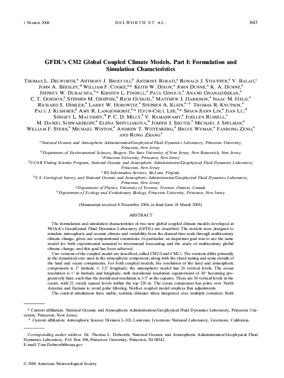 (PDF) GFDL's CM2 Global Coupled Climate Models. Part I: Formulation and ...