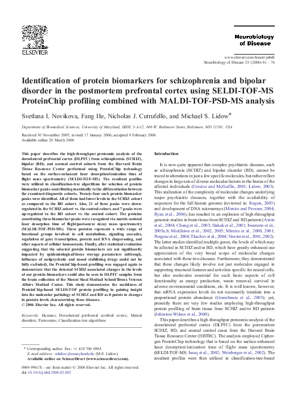 (PDF) Identification of protein biomarkers for schizophrenia and ...