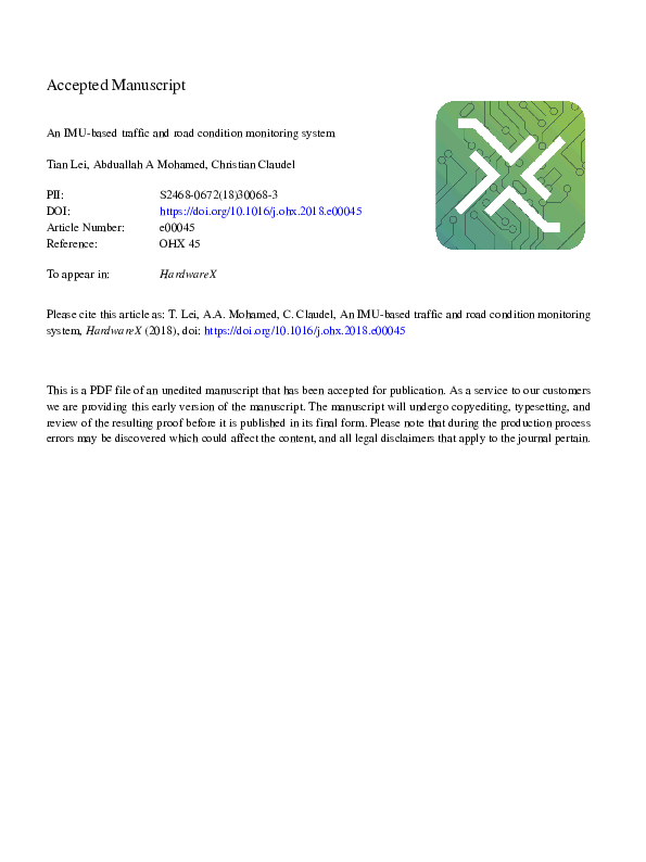 Pdf An Imu Based Traffic And Road Condition Monitoring System